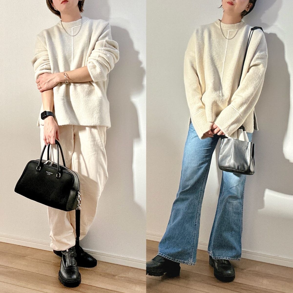 デニムもスウェットパンツも大人見え。【ZARA】40代のカジュアルコーデにハマる“白ニット” | TRILL【トリル】