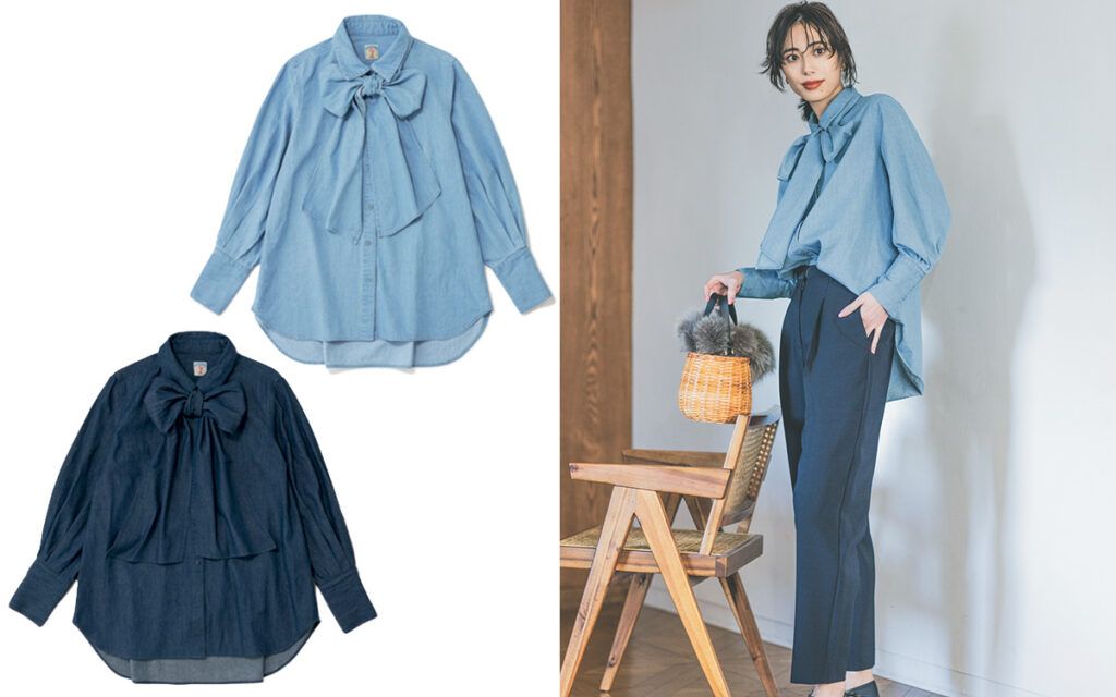 ほかではなかなか見つからない！「デニムのボウタイブラウス」に大人が注目 | TRILL【トリル】