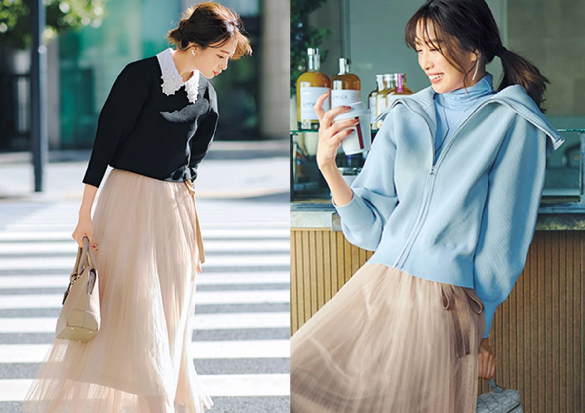 【チュールスカートをON・OFF着回し】ボリューム感のあるアイテムをバランスよく着こなすコツとは？ | TRILL【トリル】