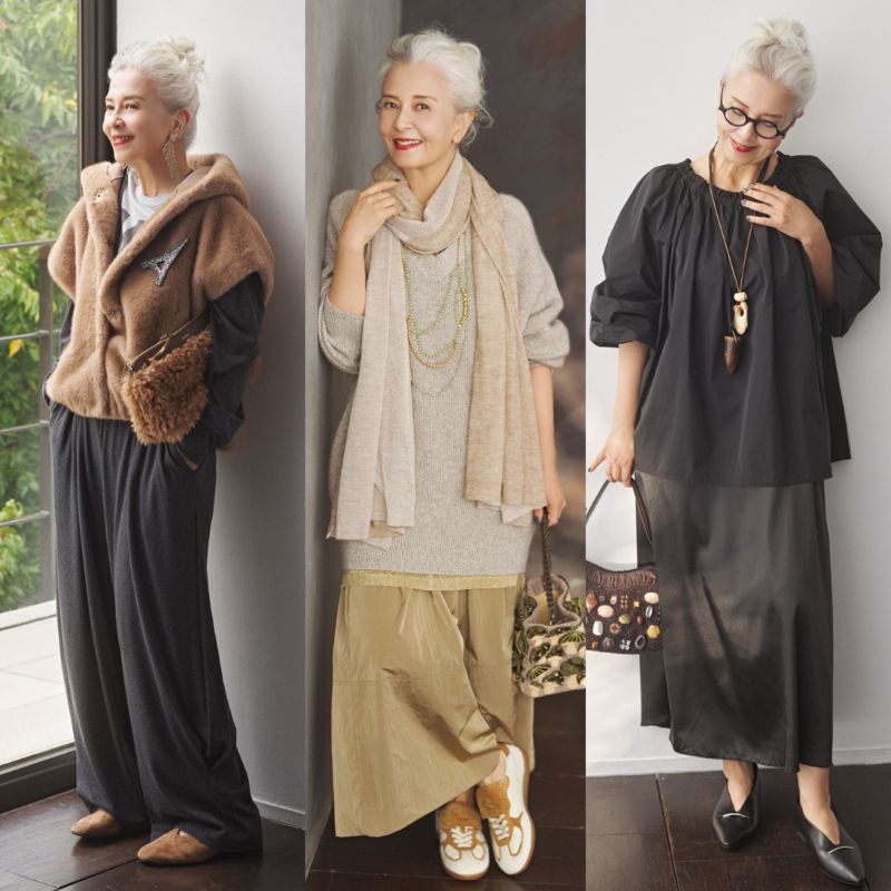 【60代ファッション】忘年会、クリスマス、観劇etc. 結城アンナさんの「ドレスアップ術」②ブラック、グレー、ベージュで華やぐ着こなし | TRILL【トリル】